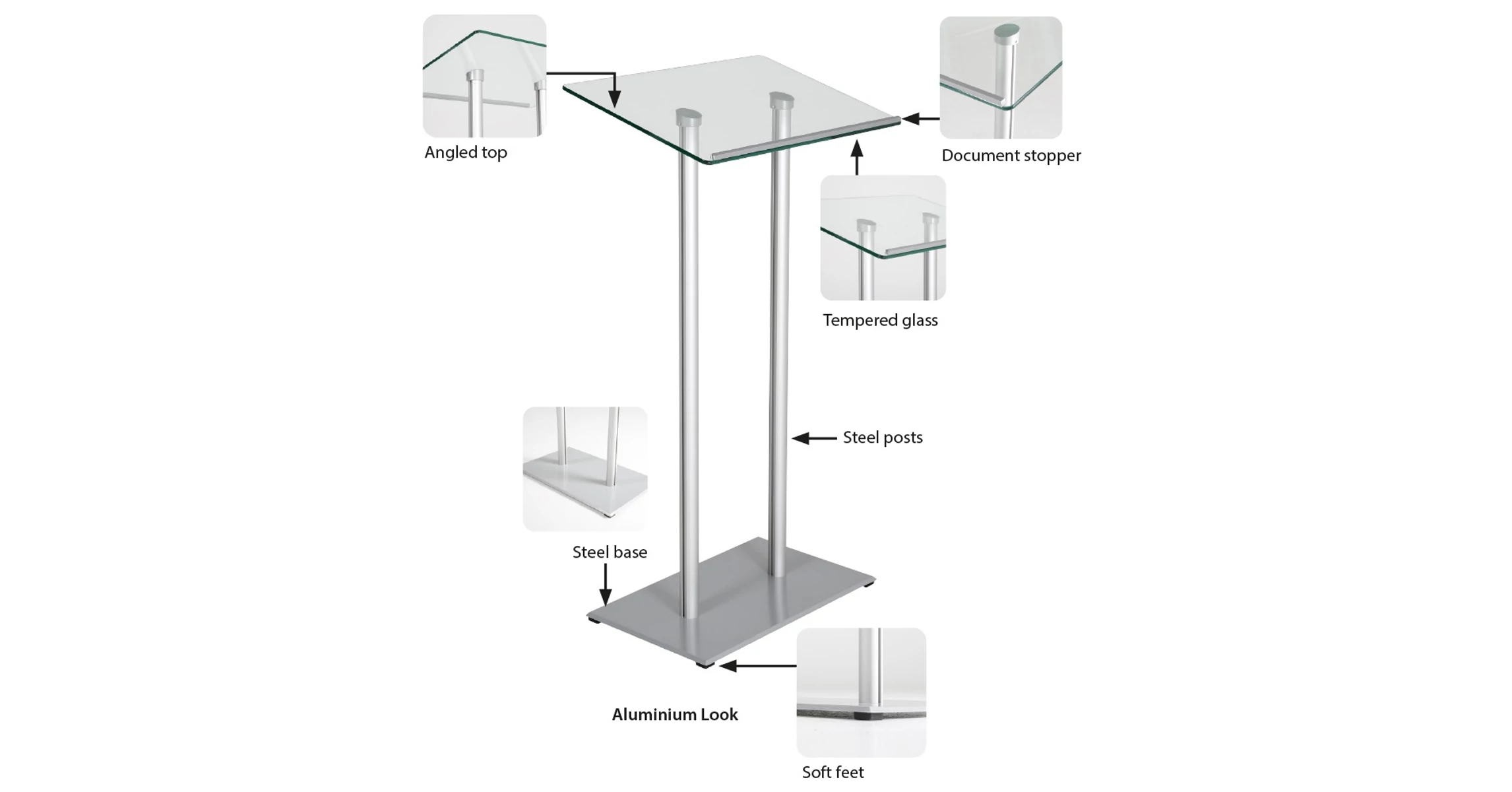 Előadói pulpitus, üveg fedlappal, ezüst színű, alumínium - Pulpitus ...